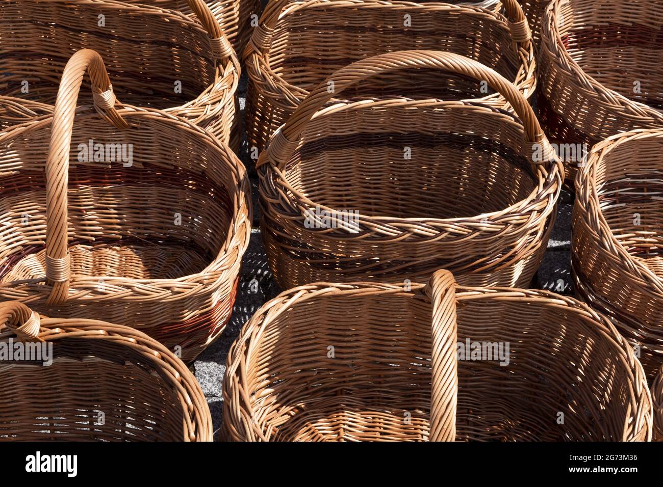 Empty Wicker Baskets with handle on market. Harvest season concept ...