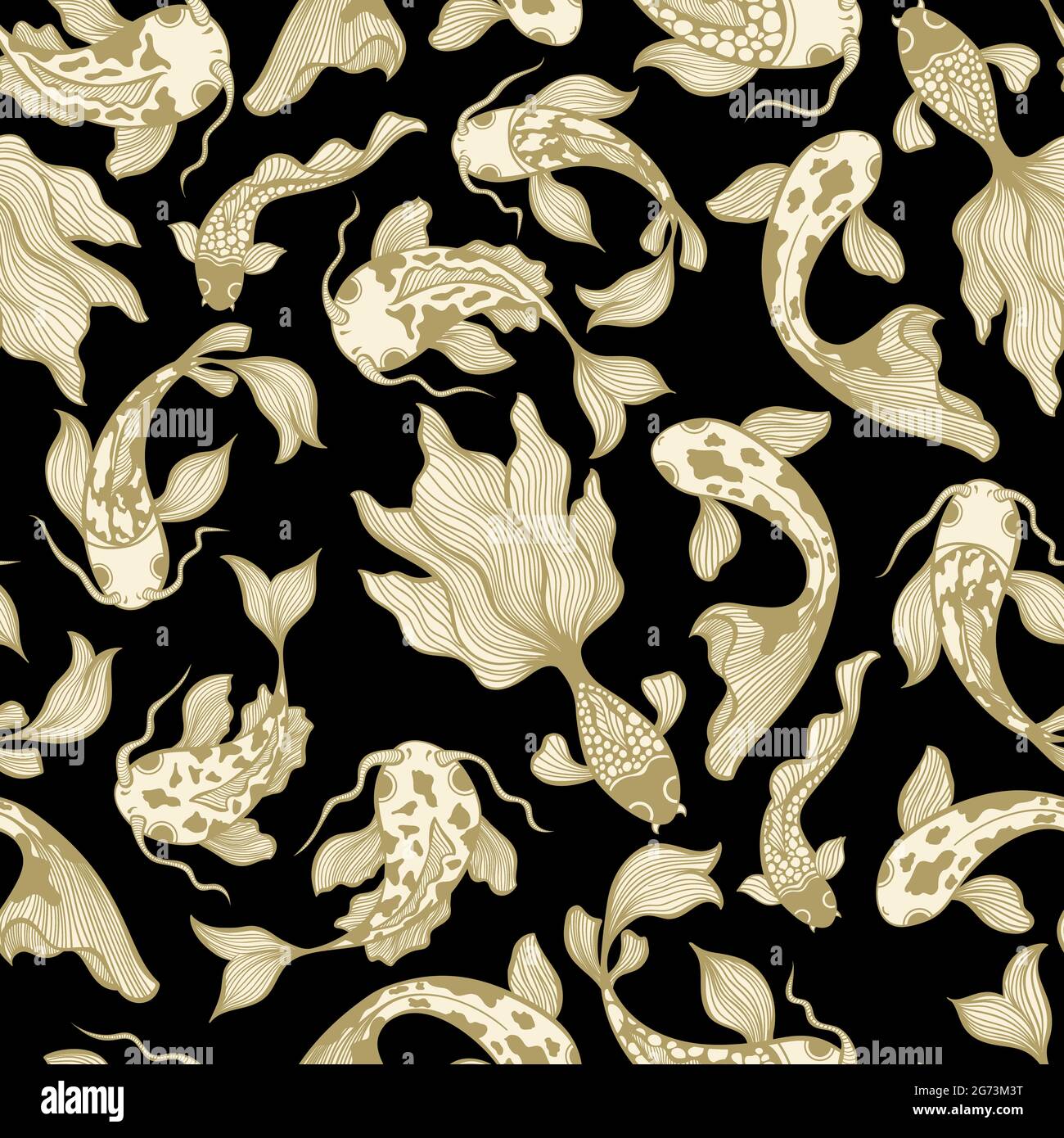 Japanese Koi Fish Vector Seamless Pattern on Black for Fabric Textile ...