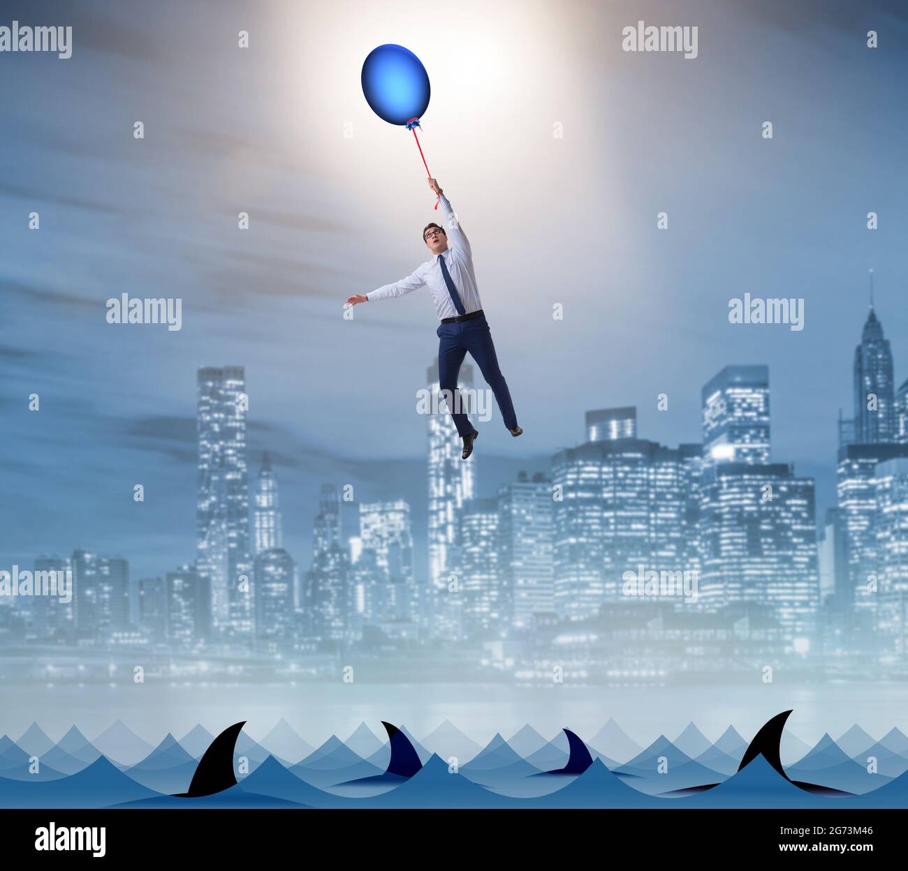 The businessman flying holding balloon Stock Photo - Alamy