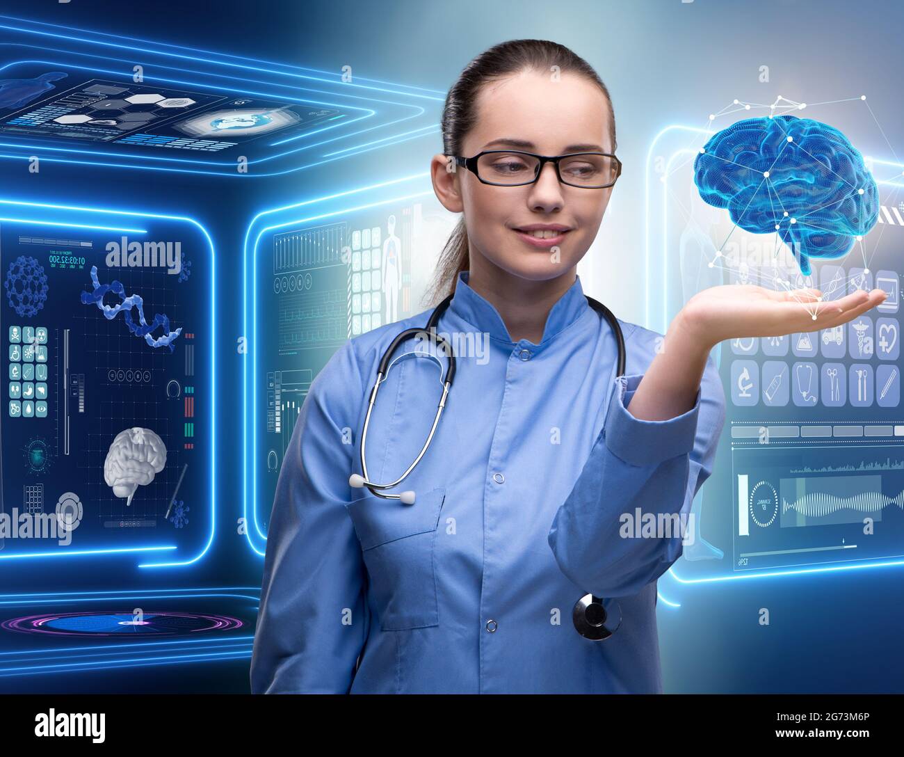 The female doctor with the brain in medical concept Stock Photo - Alamy