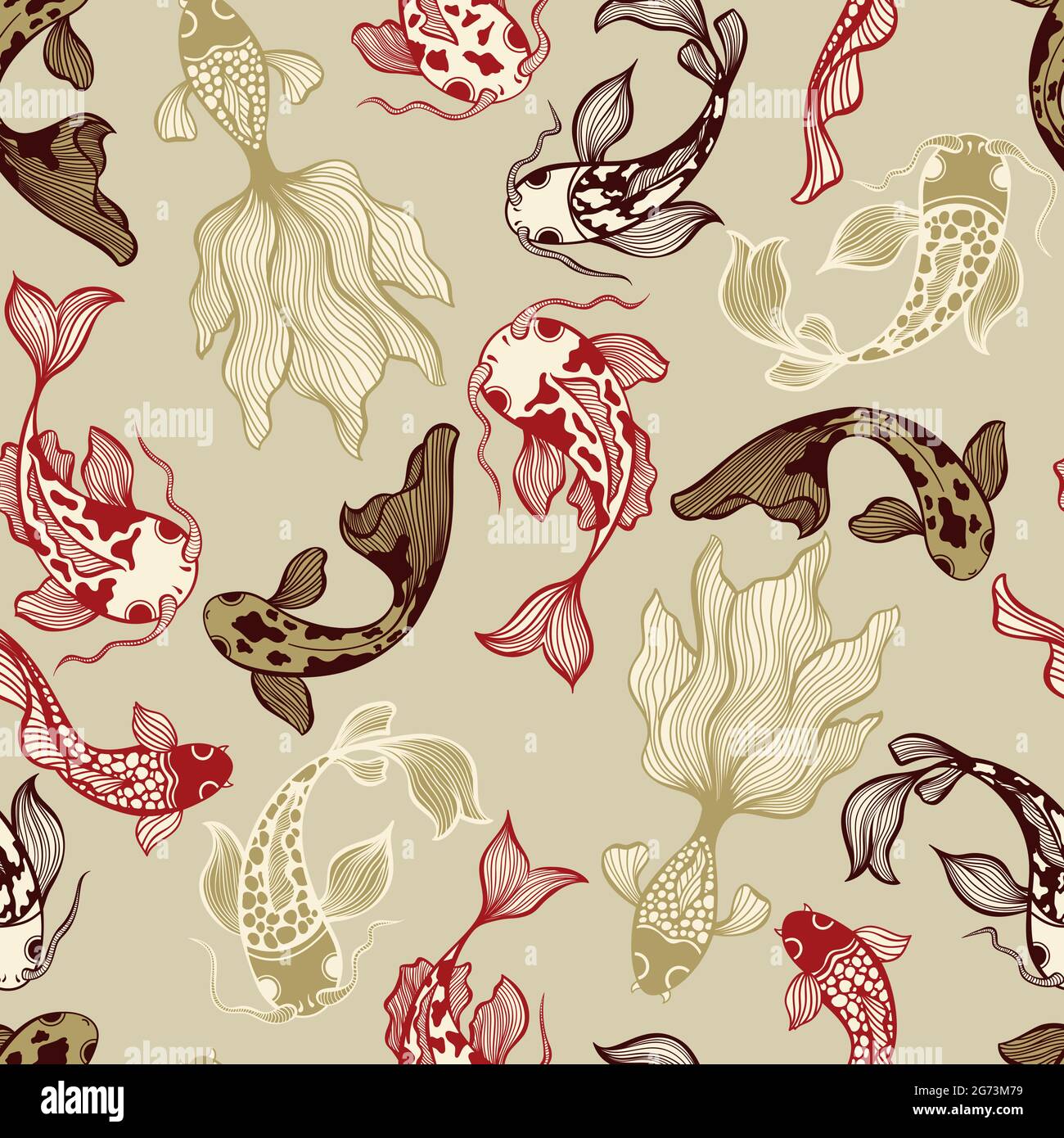 Japanese Koi Fish Vector Seamless Pattern in Neutral Beige Colors Stock ...