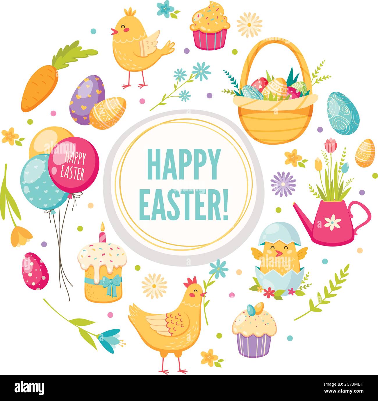 Easter cartoon round concept with chicken balloons cake and eggs vector ...