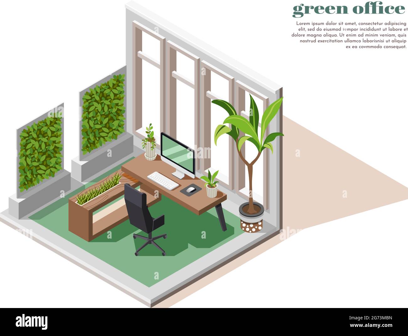 Green office colored and isometric composition with big windows in room ...