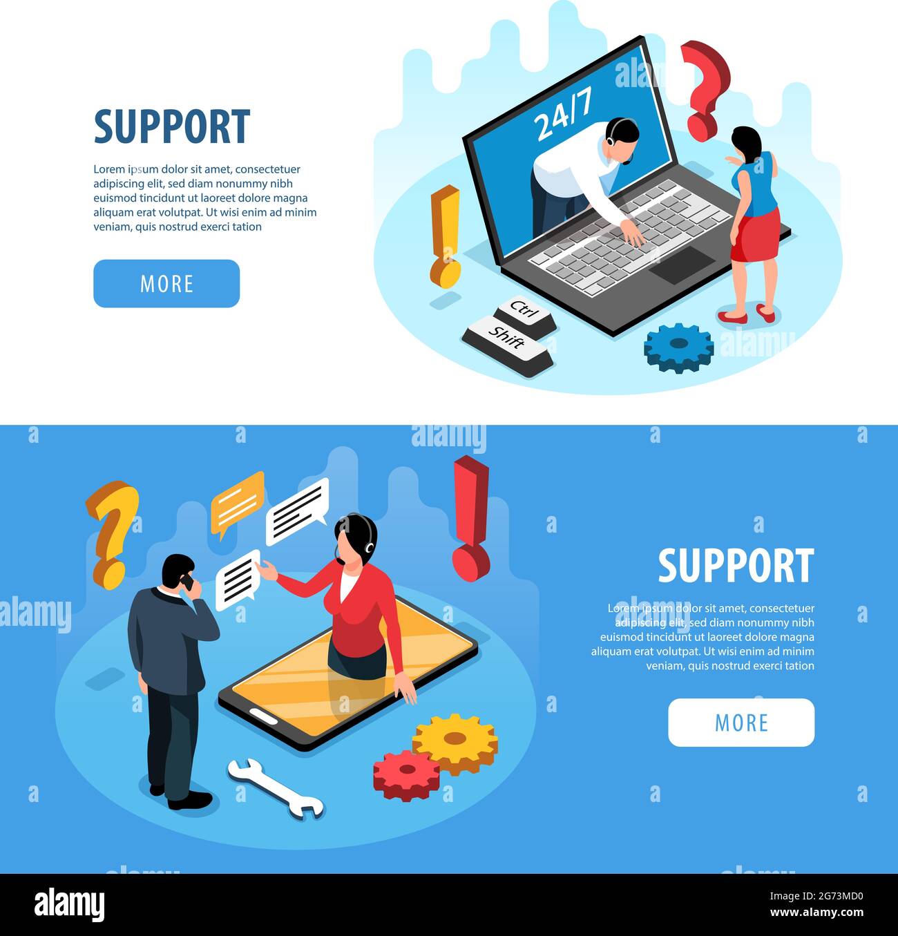 Isometric call center support banners collection with 3d pictograms and ...
