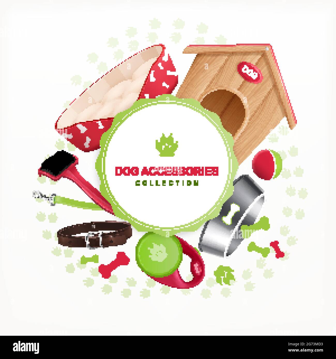 Dog accessories decorative round frame composition with kennel collar ...