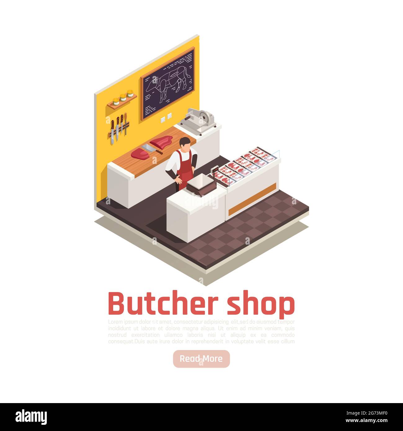 Butchers shop interior isometric composition with seller behind counter ...