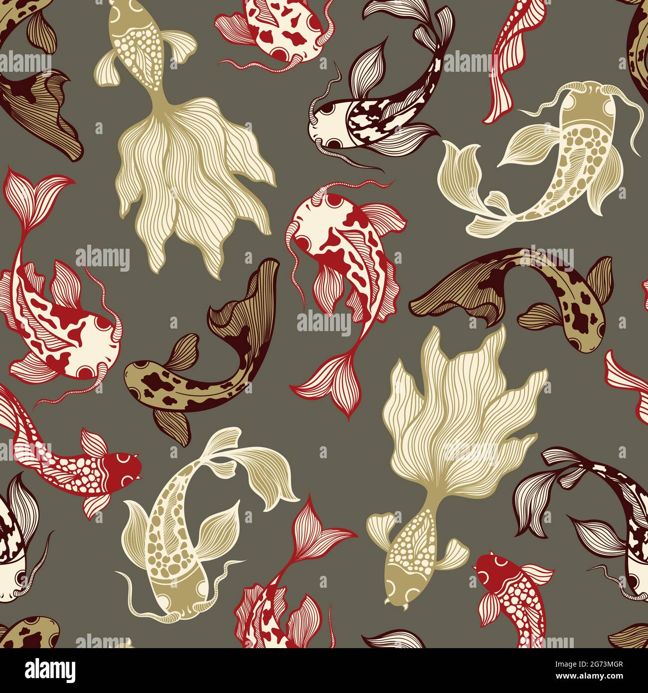 Japanese Koi Fish Vector Seamless Pattern in Neutral Beige Colors Stock ...
