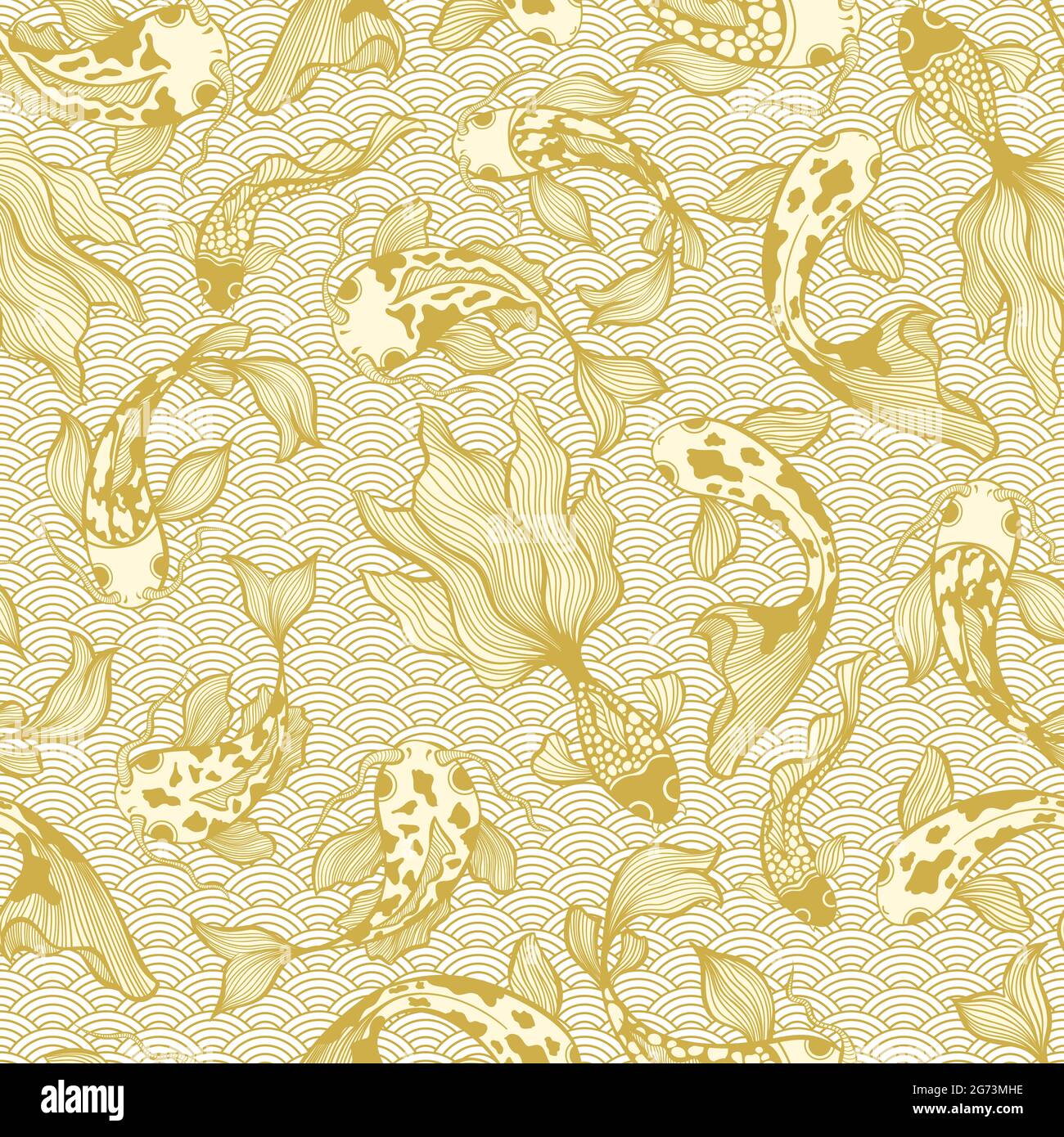 Japanese Koi Fish Vector Seamless Pattern in Golden Beige Colors Stock ...