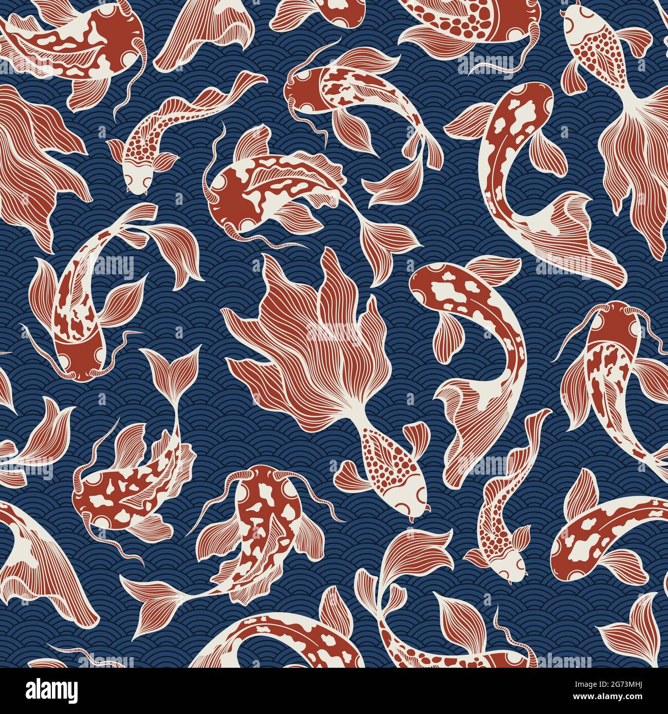 Japanese Koi Fish Vector Seamless Pattern in Red and Blue Colors for ...