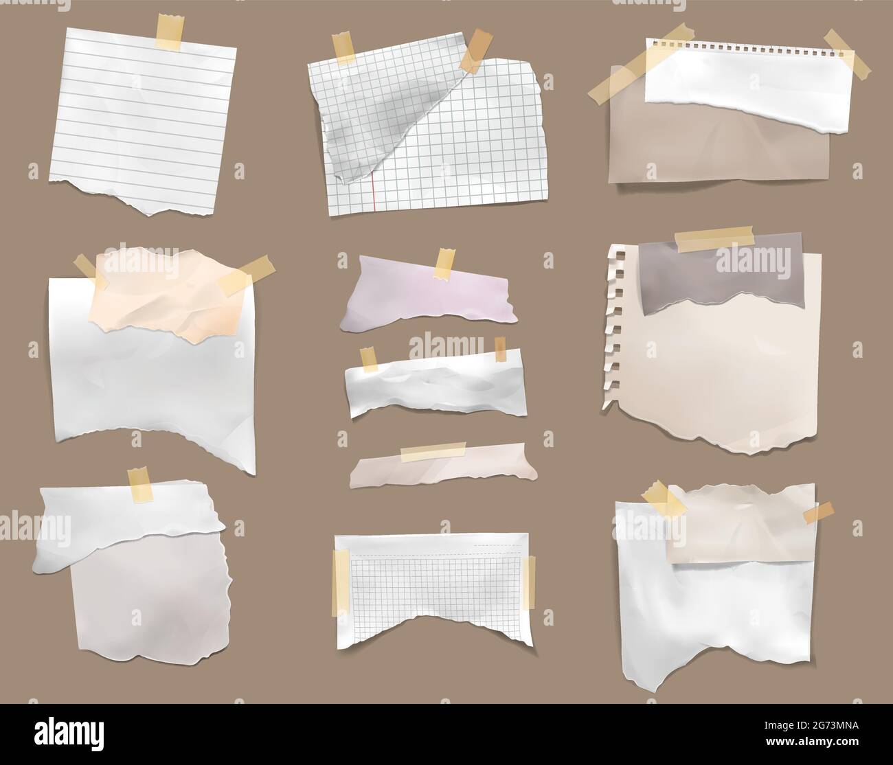Ripped torn pieces checked pages lined paper stick with adhesive tape ...