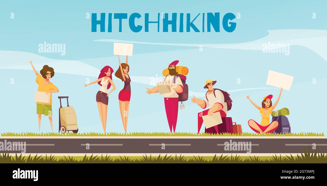 Hitchhiking men and women with luggage and thumbs up waiting for car by ...