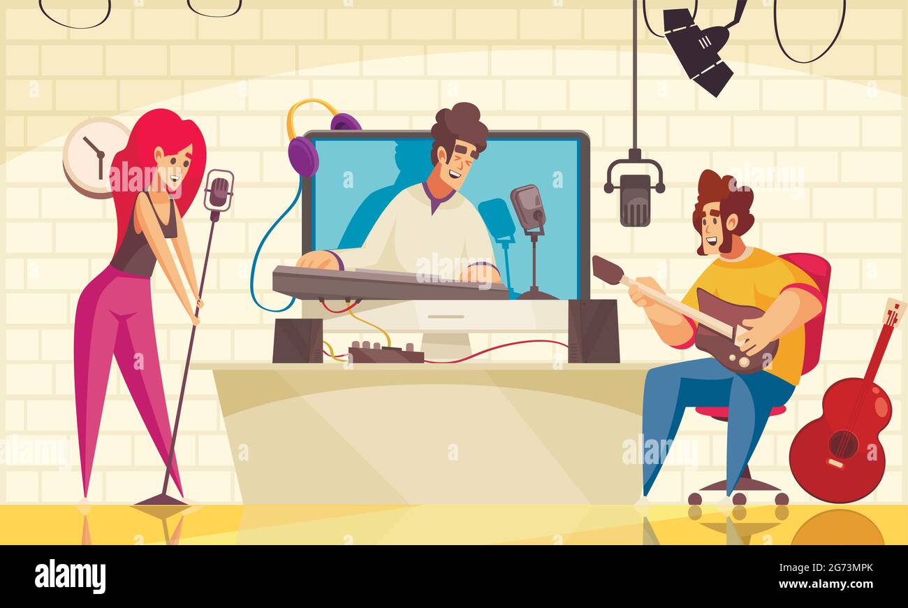 Man and woman watching video blogger playing music and singing cartoon ...