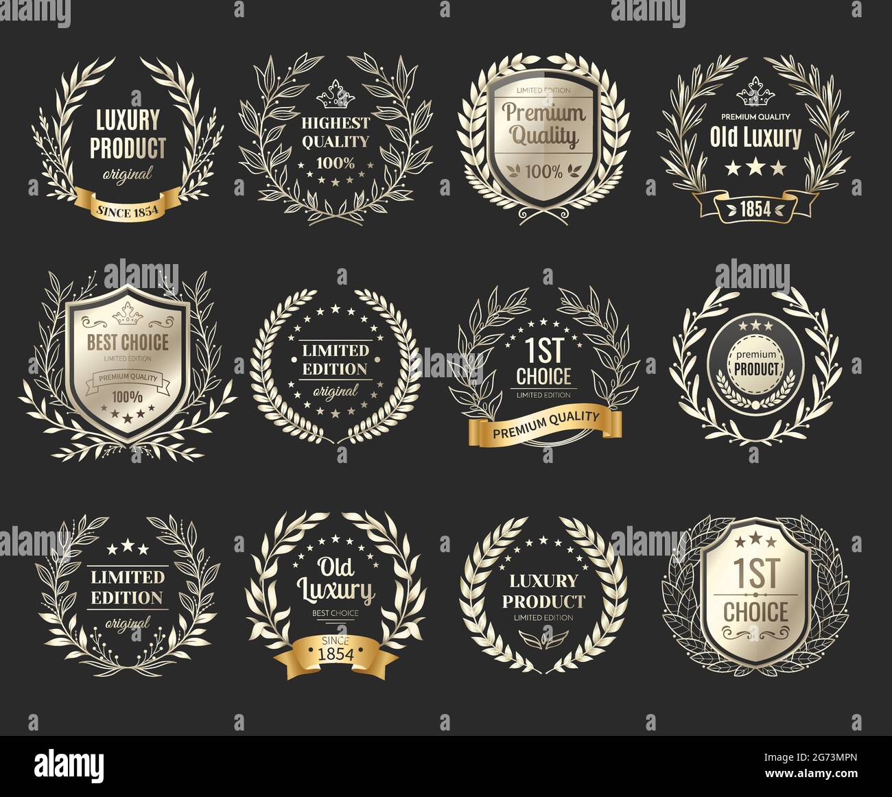 Awards emblems realistic set on black background isolated vector ...