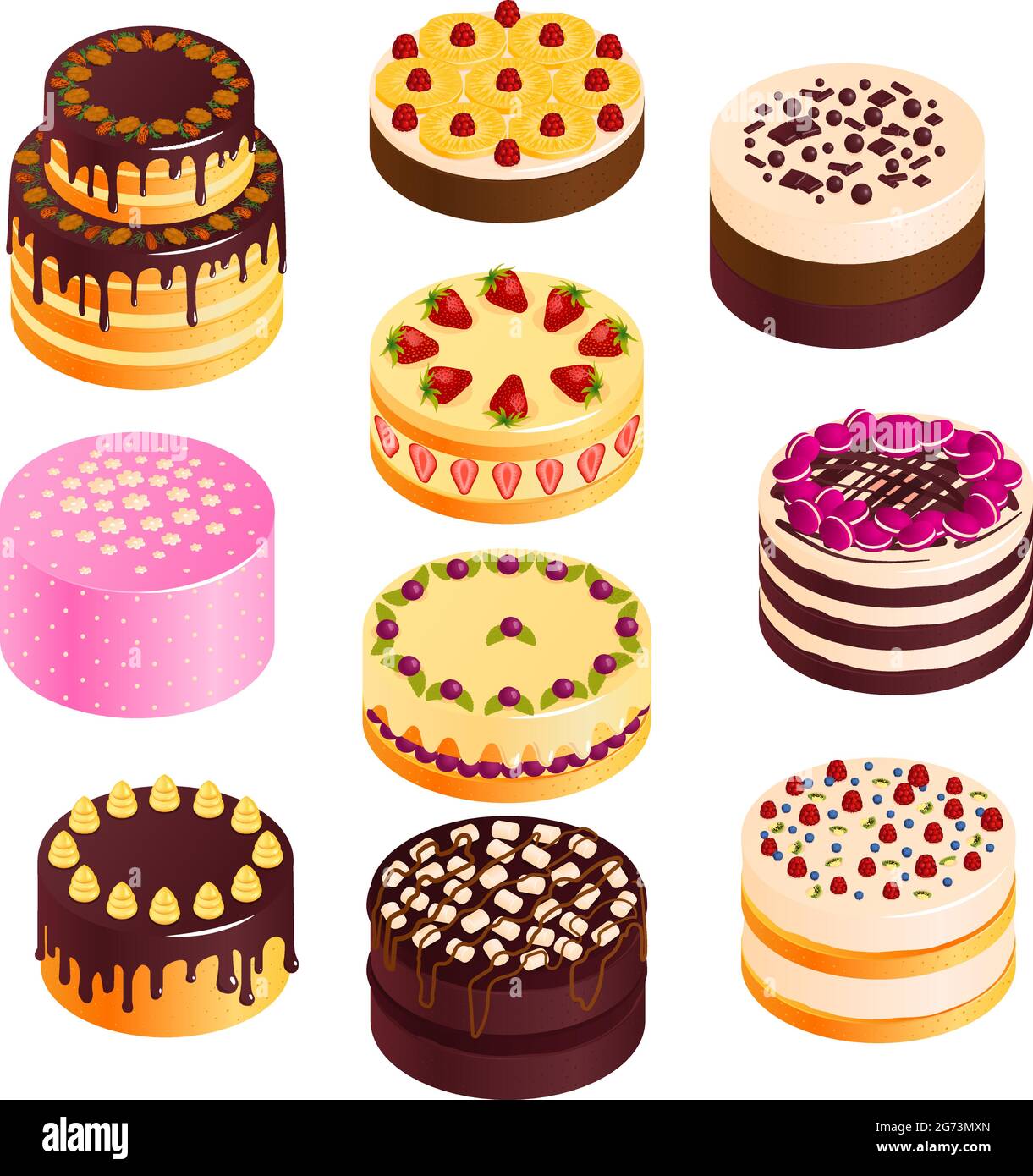 Birthday cake icons set with chocolate and fruit cakes isometric ...