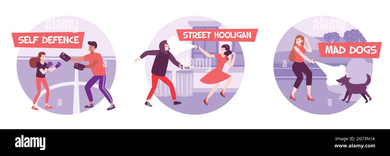 Self defense round compositions set with flat images of women arming ...