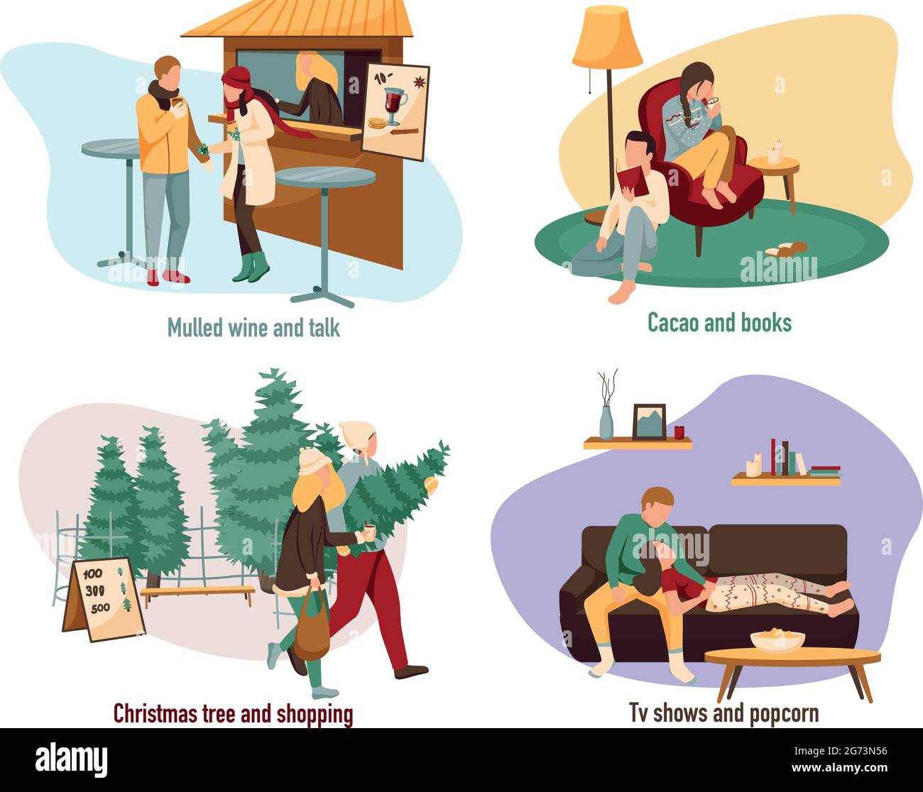 Cozy winter flat 4x1 set of compositions with text captions and people ...