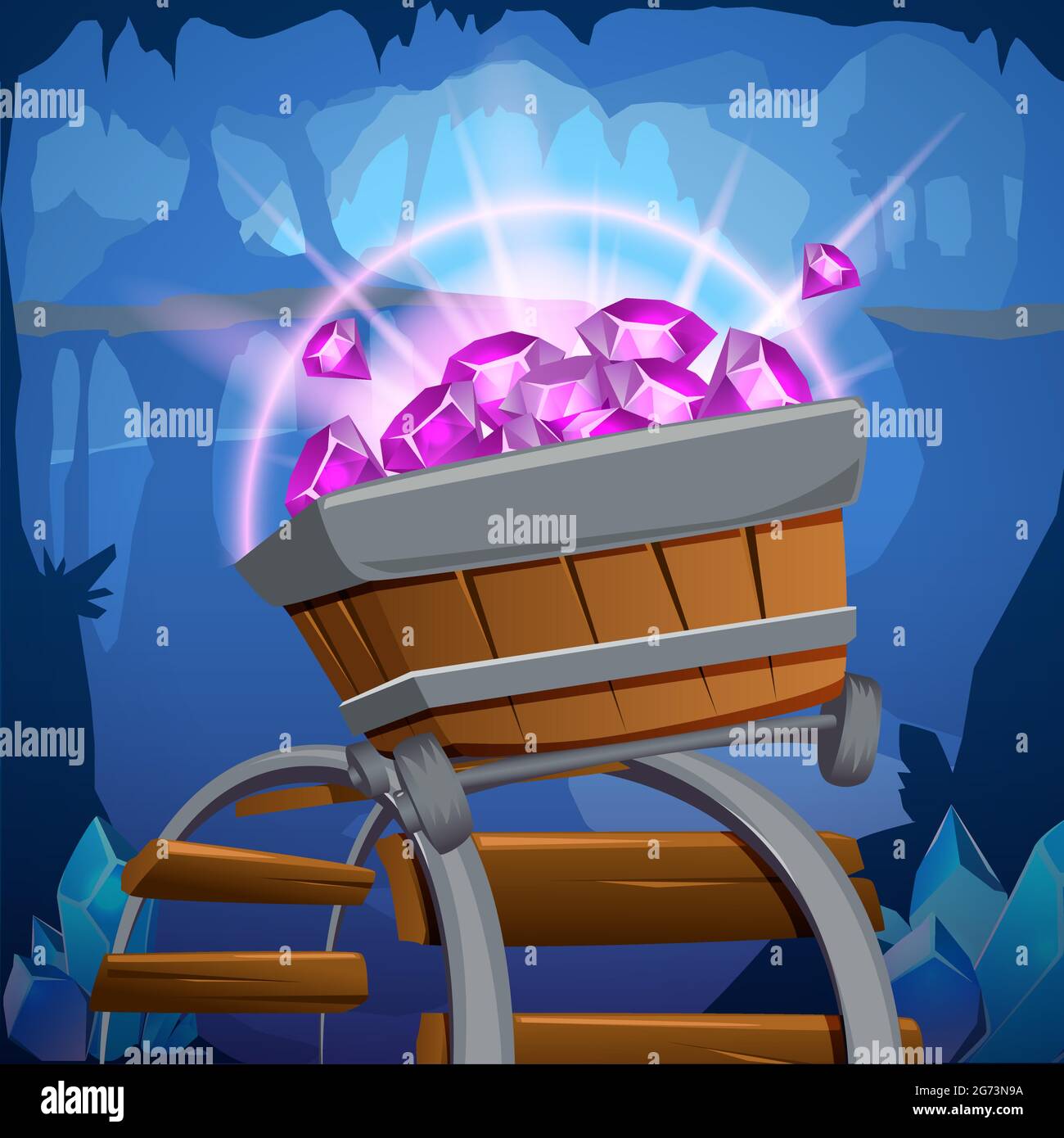 Colored and cartoon mining game design composition wooden wagon with ...
