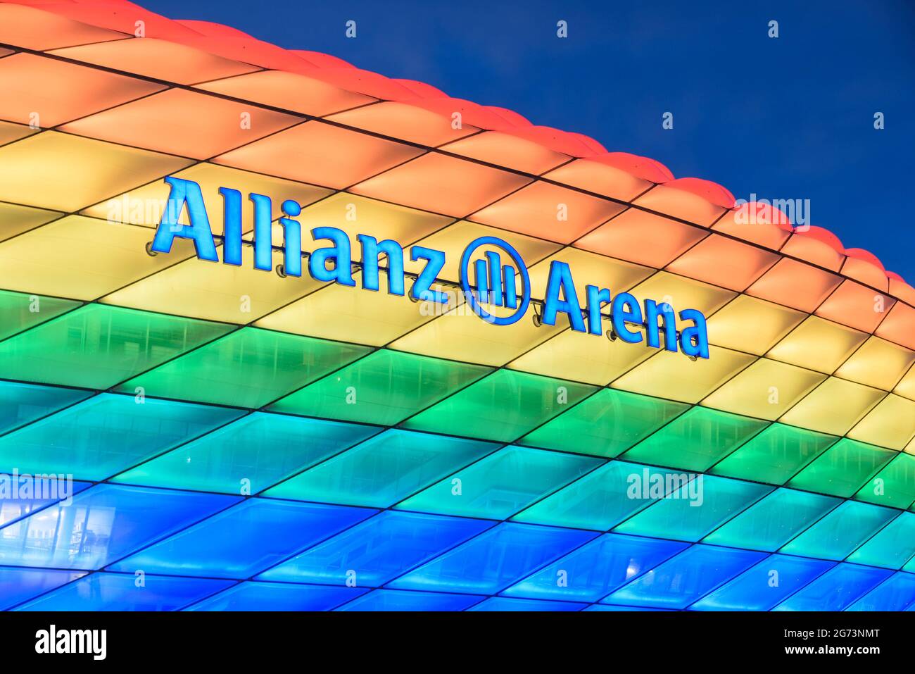 Munich, Germany. 10th July, 2021. Close up of the Allianz Arena logo of ...