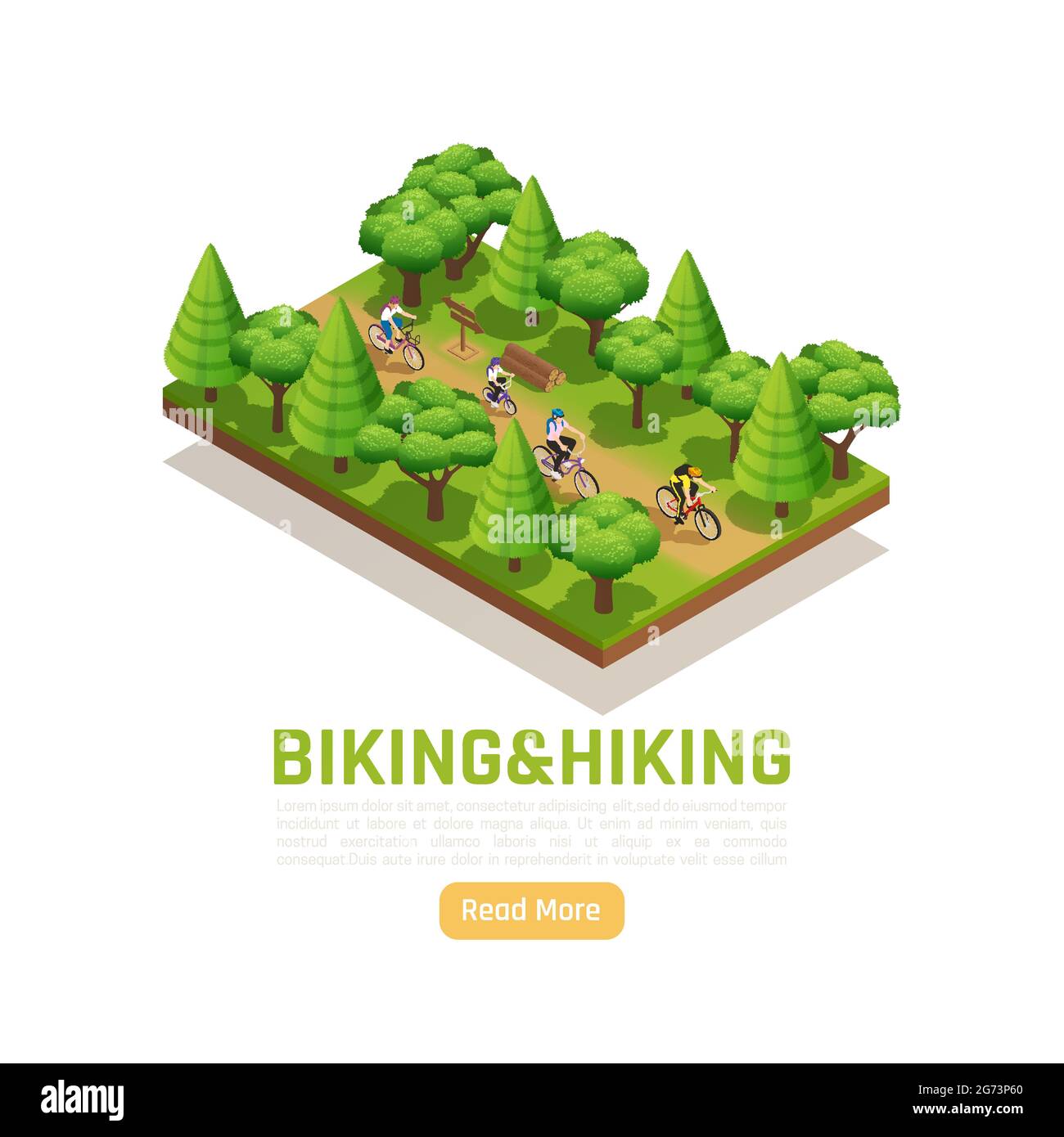 Biking and hiking isometric nature landscape with family on country ...