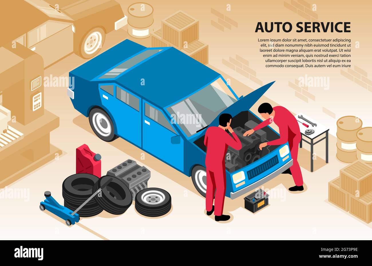 Isometric auto repair horizontal background with text and indoor garage ...