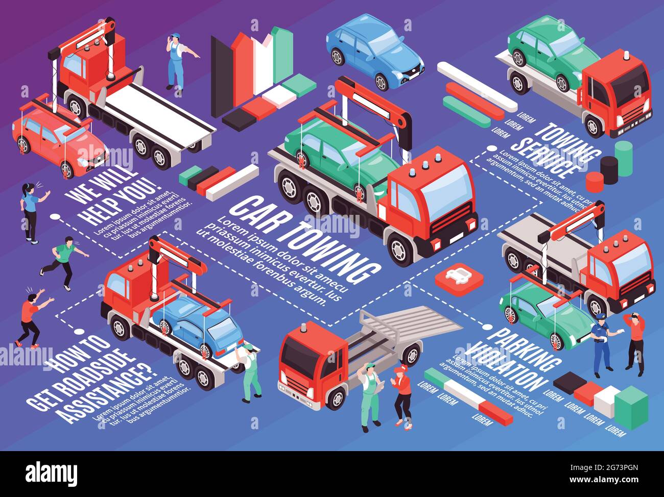 Isometric tow truck horizontal composition with editable text colourful ...