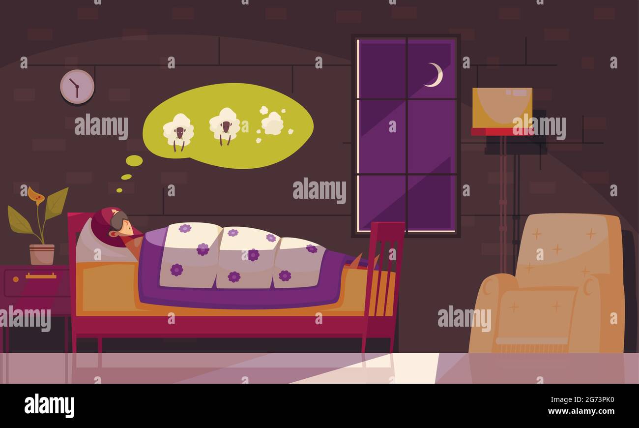 Sleep time background with insomnia problem symbols flat vector ...
