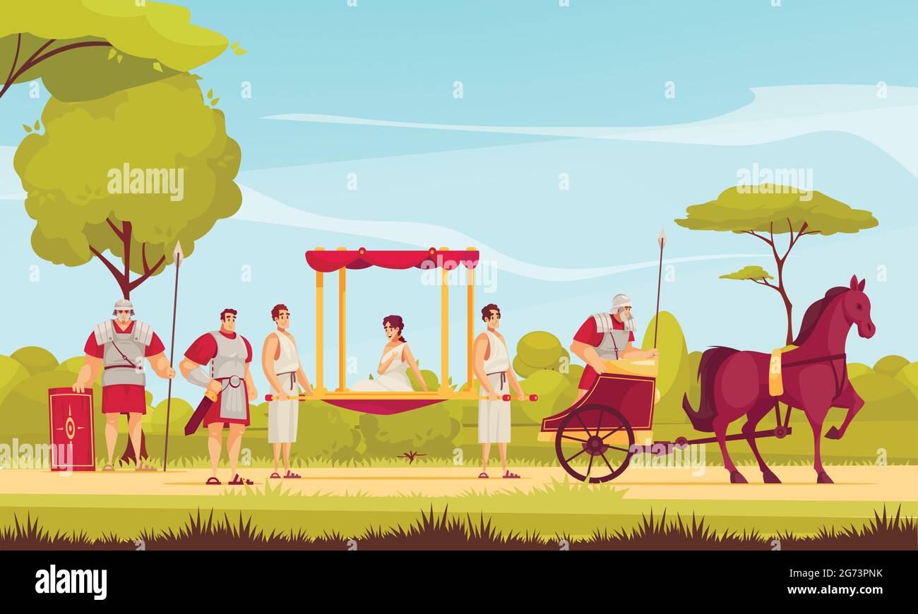 Ancient roman people gladiators and woman sitting on palanquin cartoon ...