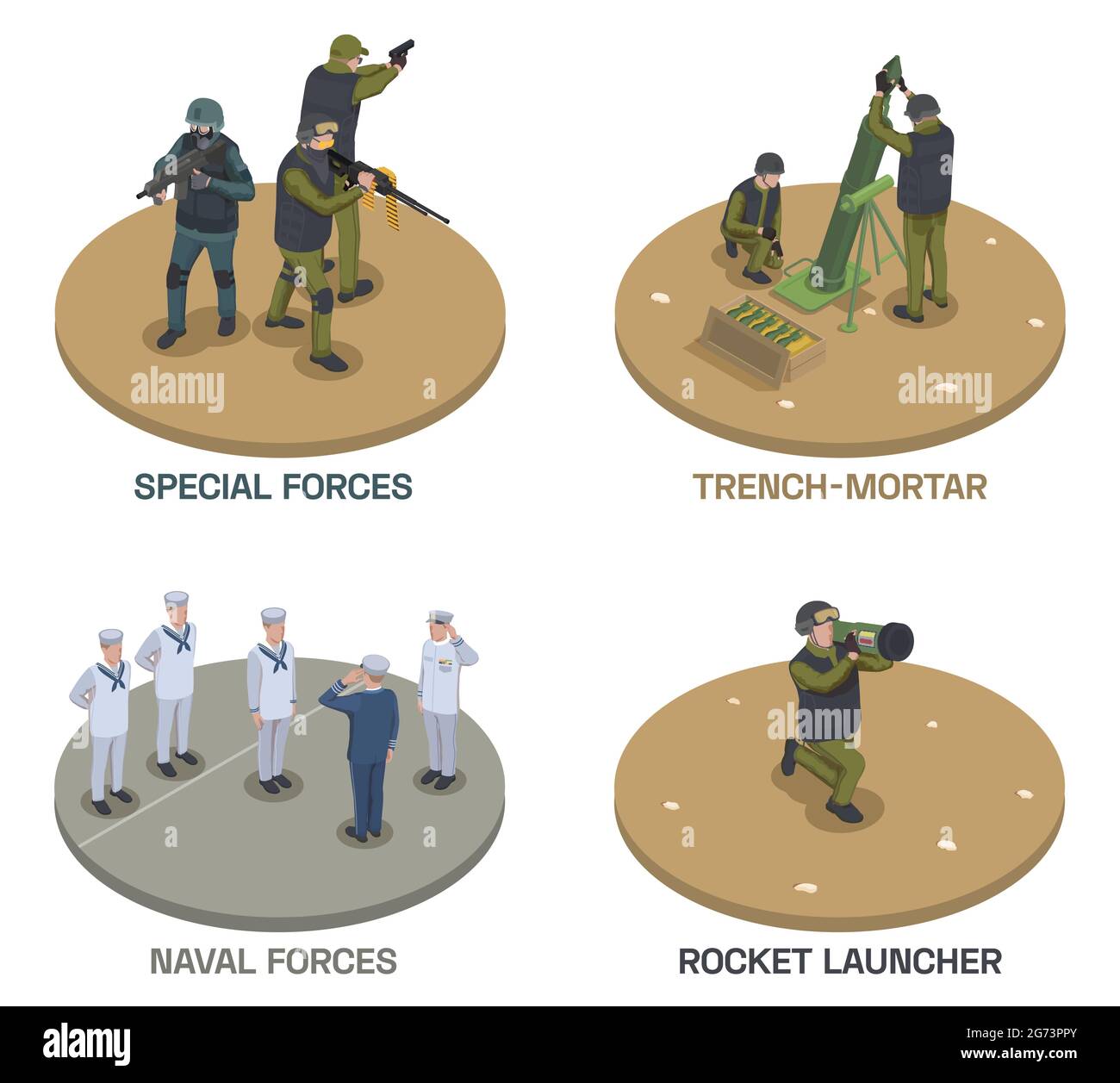 Army weapons soldier isometric compositions set with text and human ...