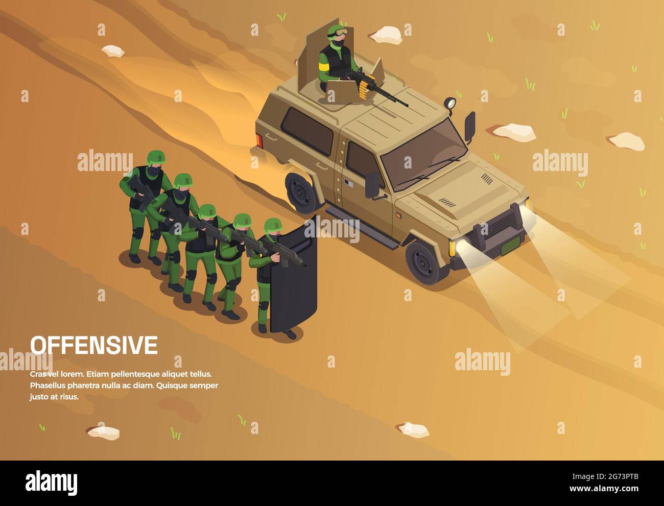 Army weapons soldier isometric background with editable text and ...
