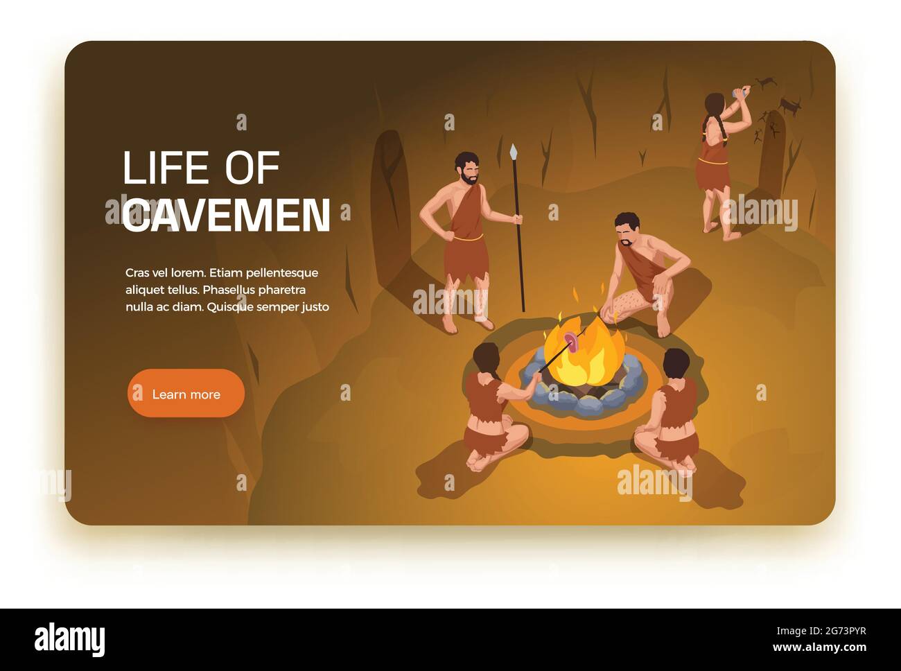 Caveman prehistoric primitive people horizontal banner with learn more ...