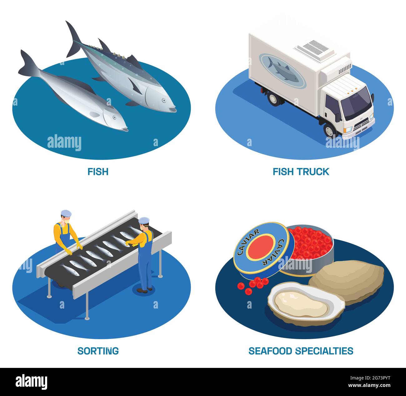 Fish industry seafood production isometric set of round compositions ...