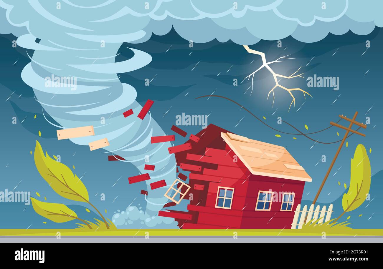 Natural disaster cartoon composition with outdoor suburban scenery rain ...