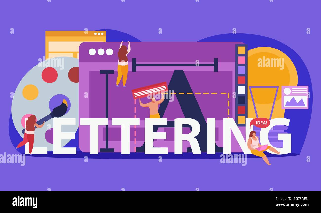 Graphic design flat colored composition with big word lettering and ...