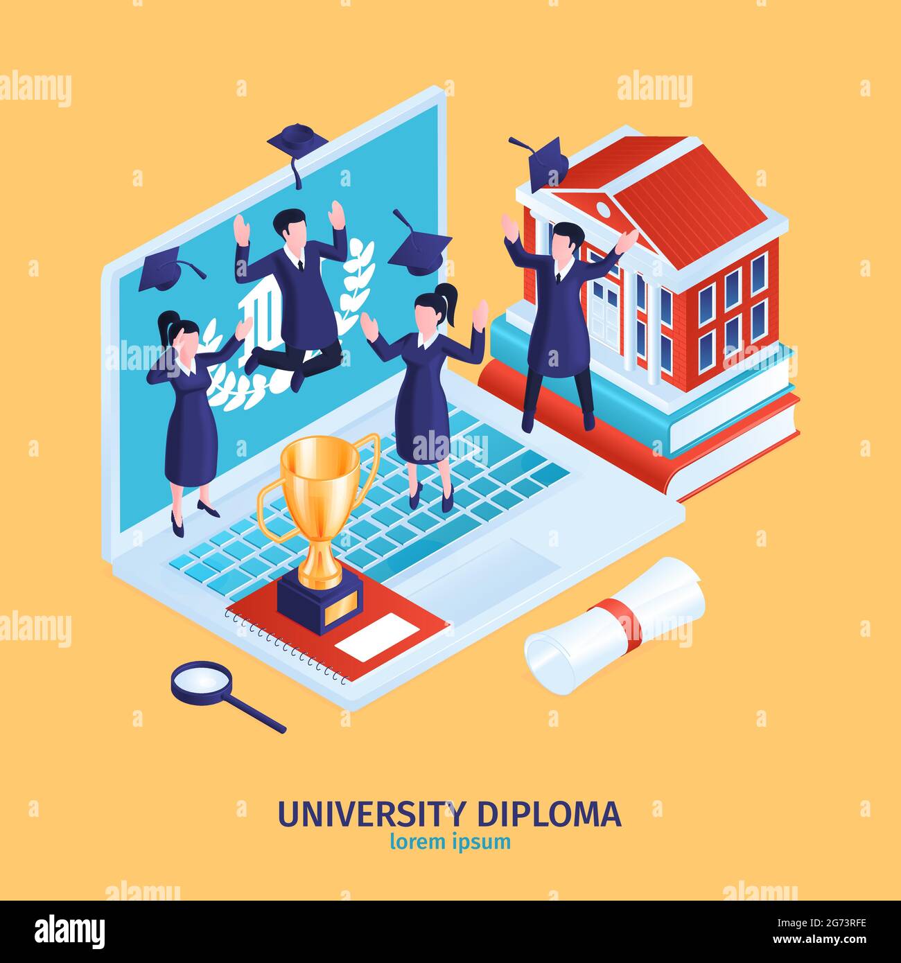 Isometric graduation diploma composition with small human characters on ...