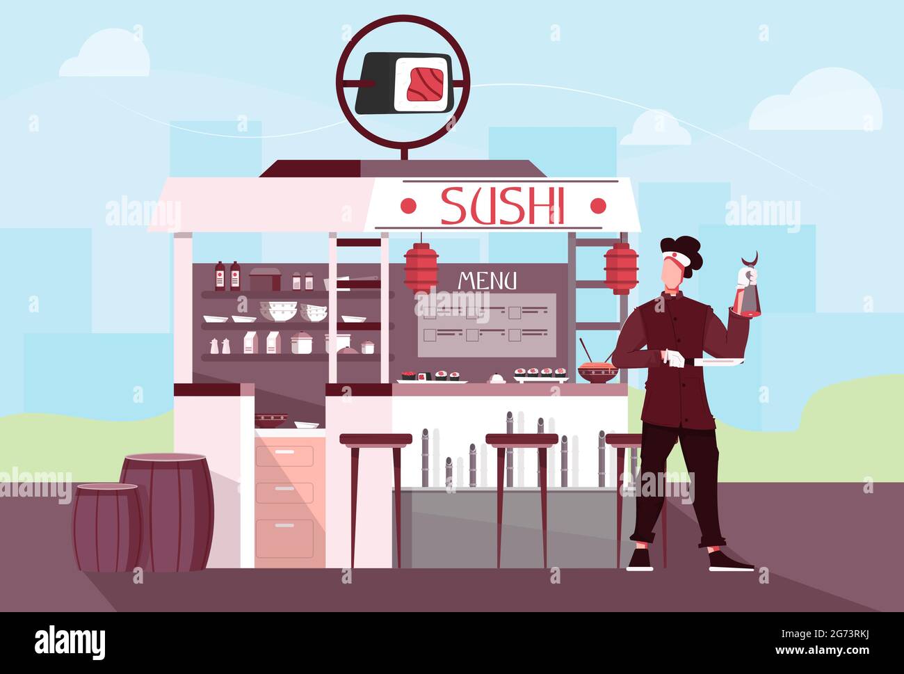 Sushi shop people flat composition with outdoor scenery and cityscape ...