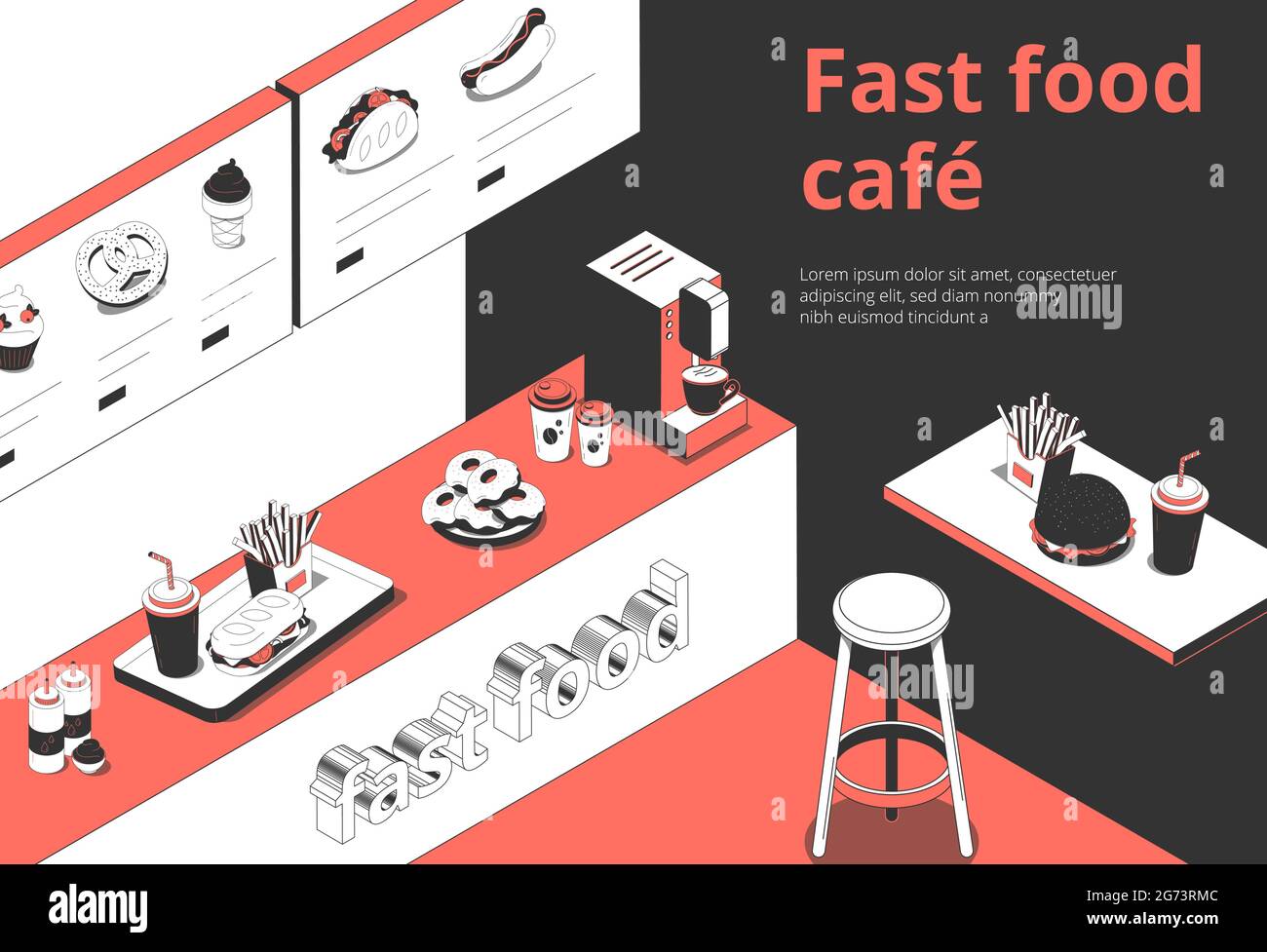Fastfood cafe interior isometric composition with digital menu board ...