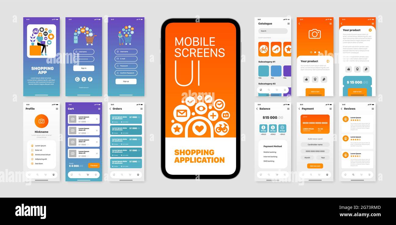 Mobile screens set with user interface of shopping application isolated ...