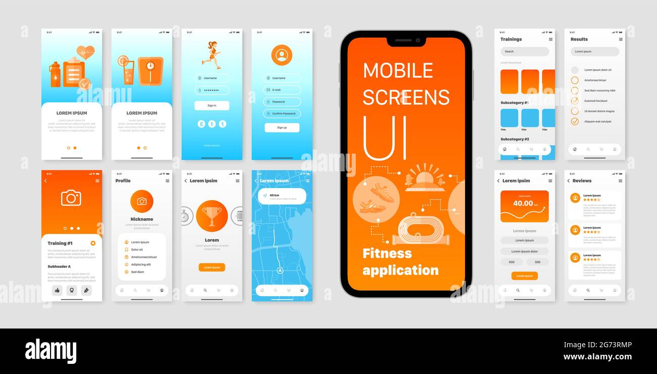 Mobile screens set with user interface of fitness application with ...