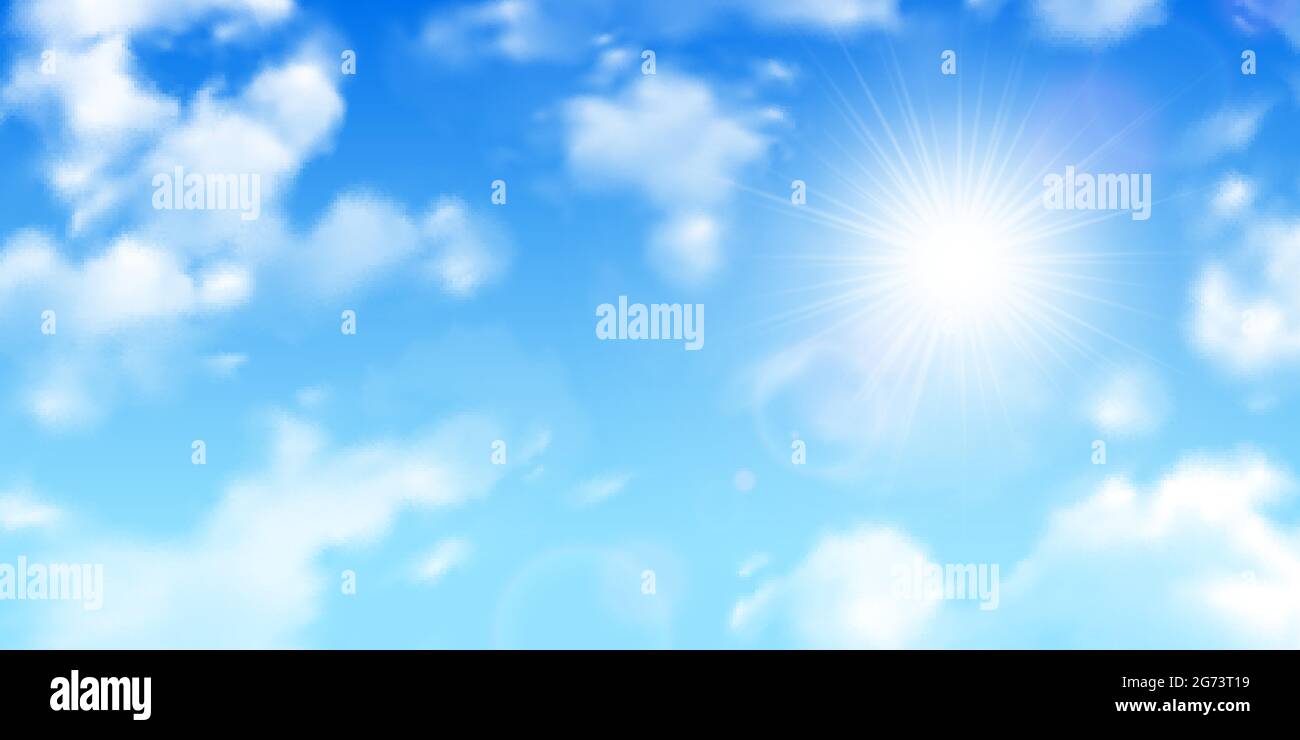 Fuzzy sun rays through scattered clouds on gradient blue sky realistic ...
