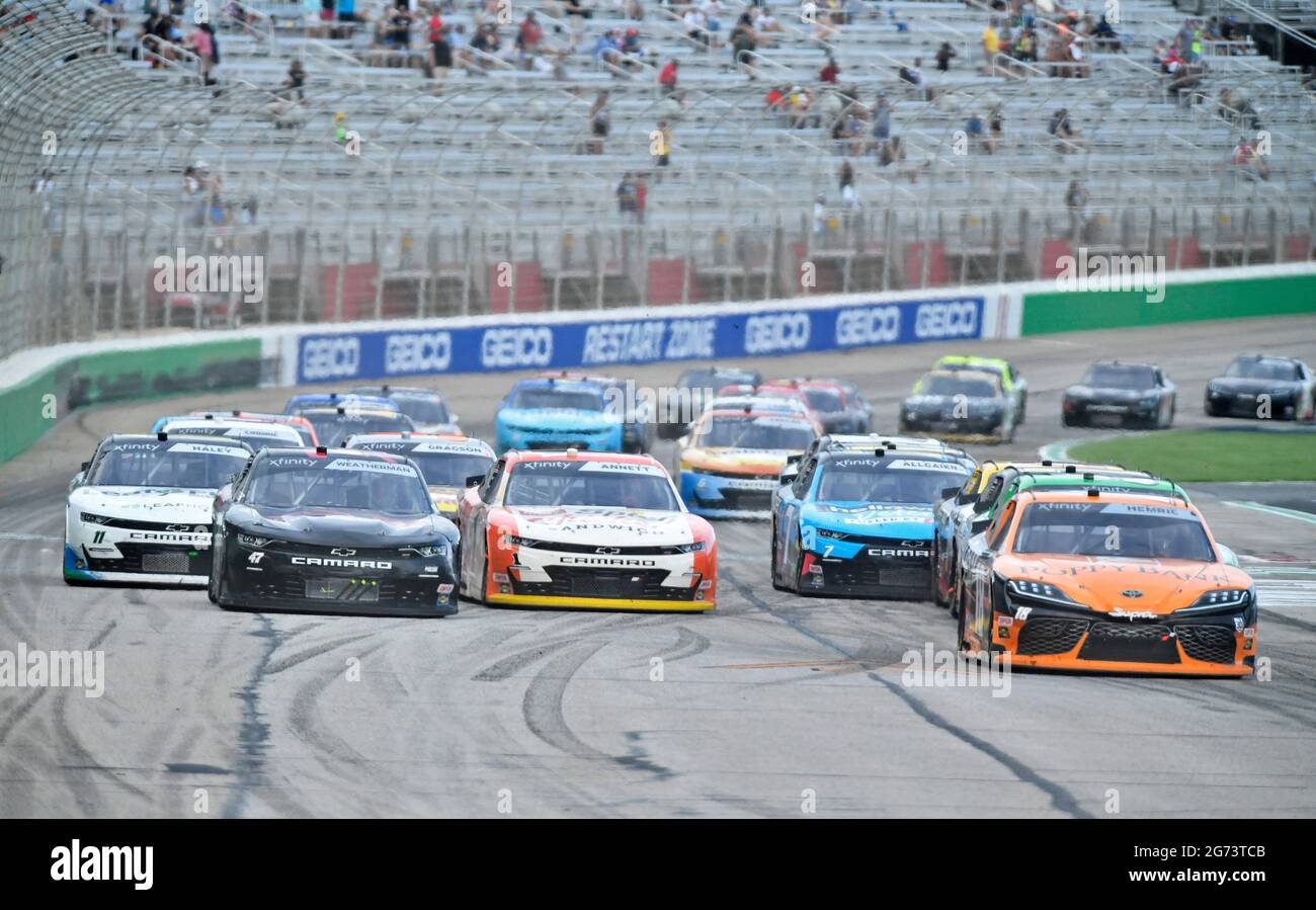 Hampton, GA, USA. 10th July, 2021. A pack of NASCAR Xfinity Series cars ...