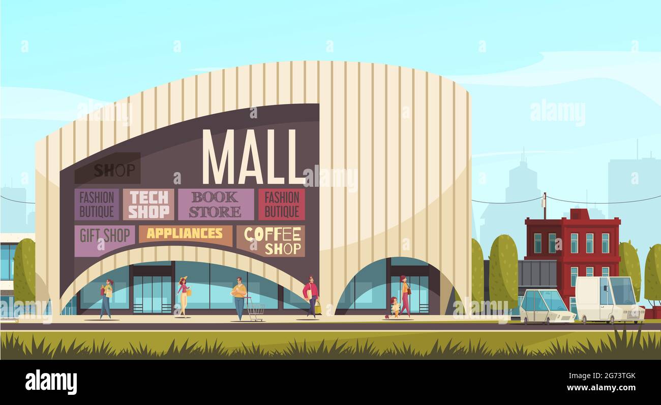 Shopping mall outside composition mall building with tags and headlines ...