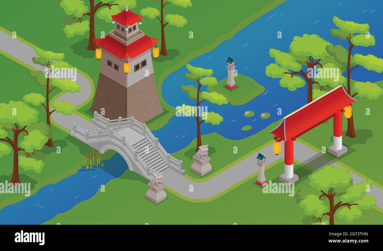 Asian buildings bridge river and landscape isometric background vector ...