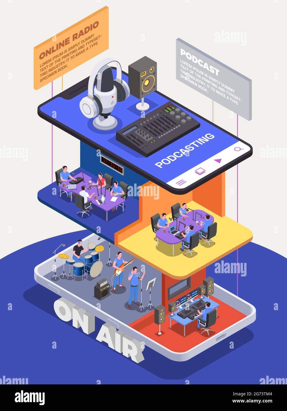 Radio studio concept with sound engineer and recording symbols ...