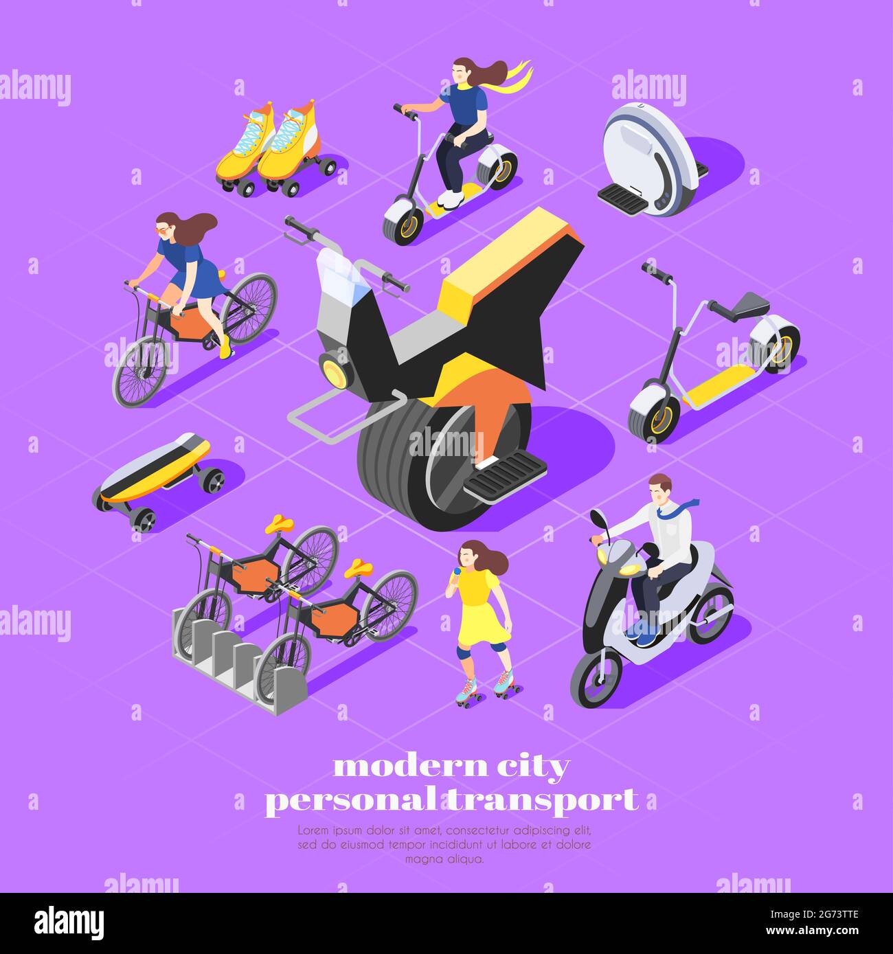 Personal transport isometric composition with monocycle bike skateboard ...