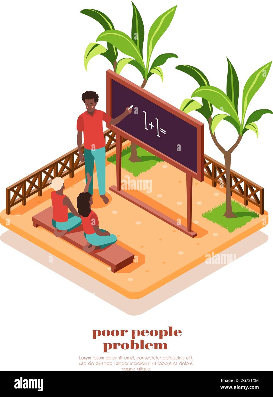 Poor african people studying at small class outdoors isometric ...