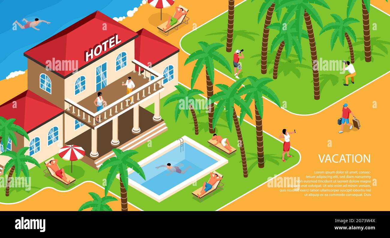 Isometric tourist agency horizontal background with text and hotel ...