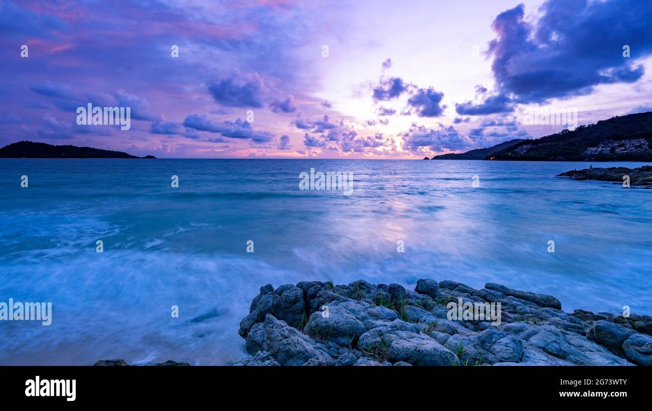 Long exposure colorful sunset or sunrise over sea Clear sky sunset with ...