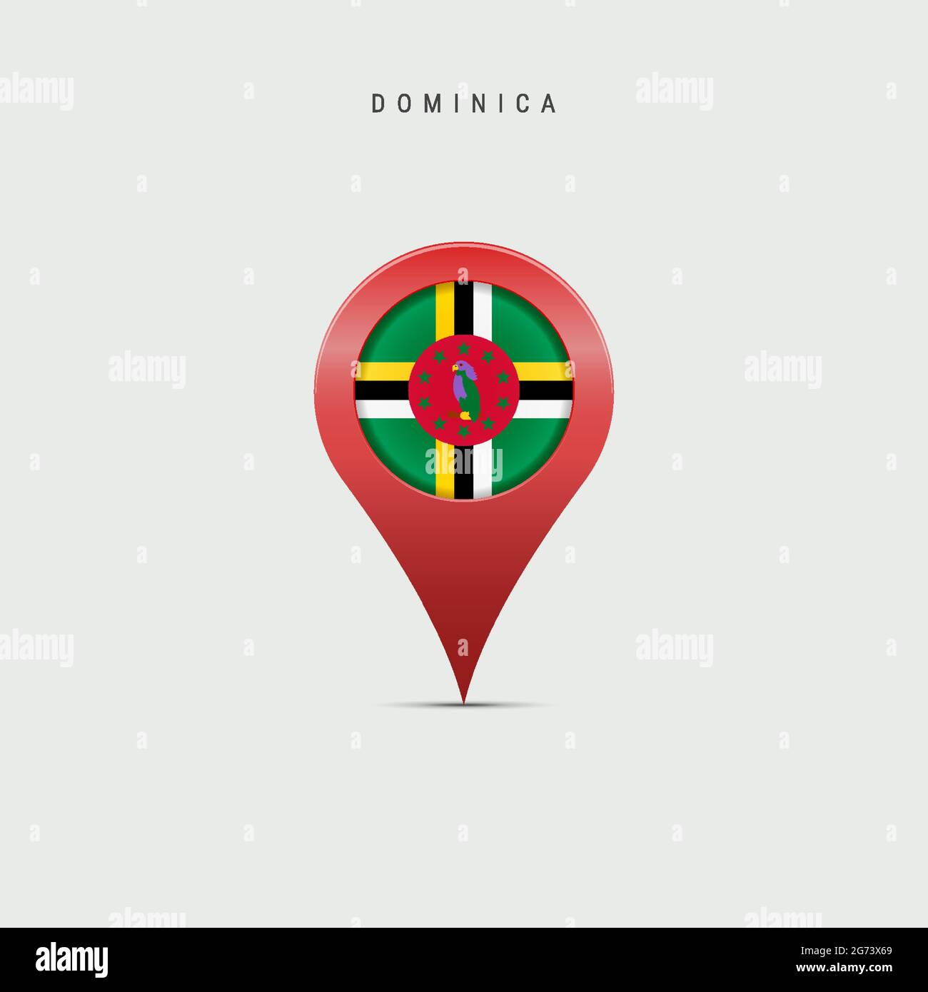 Teardrop map marker with flag of Dominica. Dominica flag inserted in the location map pin ...