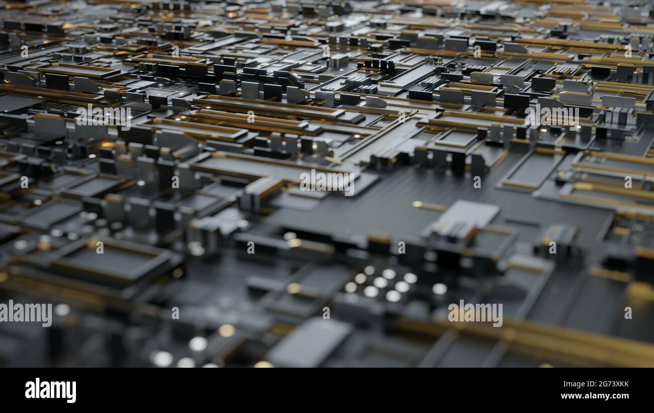 A 3D rendering close up of a motherboard with different types of ...