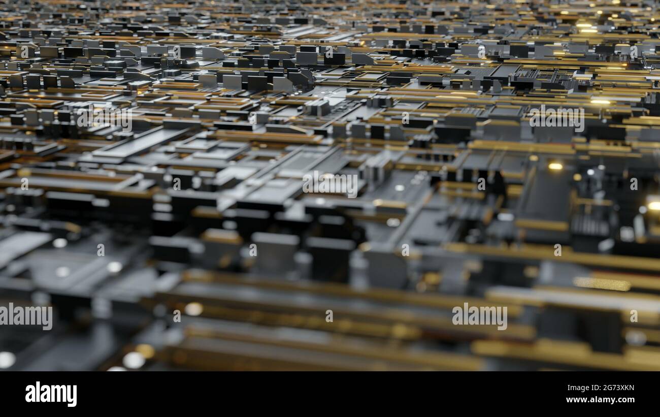 A 3D rendering close up of a motherboard with different types of ...